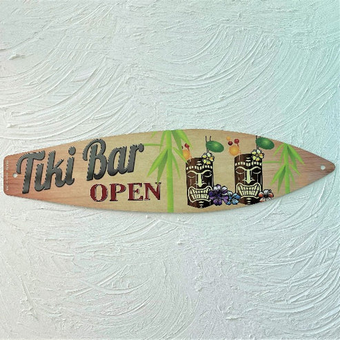 17in Tiki Bar Open Aluminum Metal Surfboard Sign, Tiki Bar Sign ...
